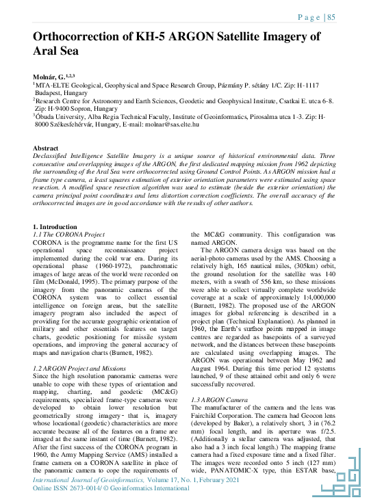 (PDF) Orthocorrection of KH-5 ARGON Satellite Imagery of Aral Sea