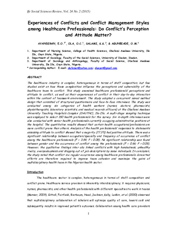 (PDF) Experiences of Conflicts and Conflict Management Styles among Healthcare Professionals: Do ...