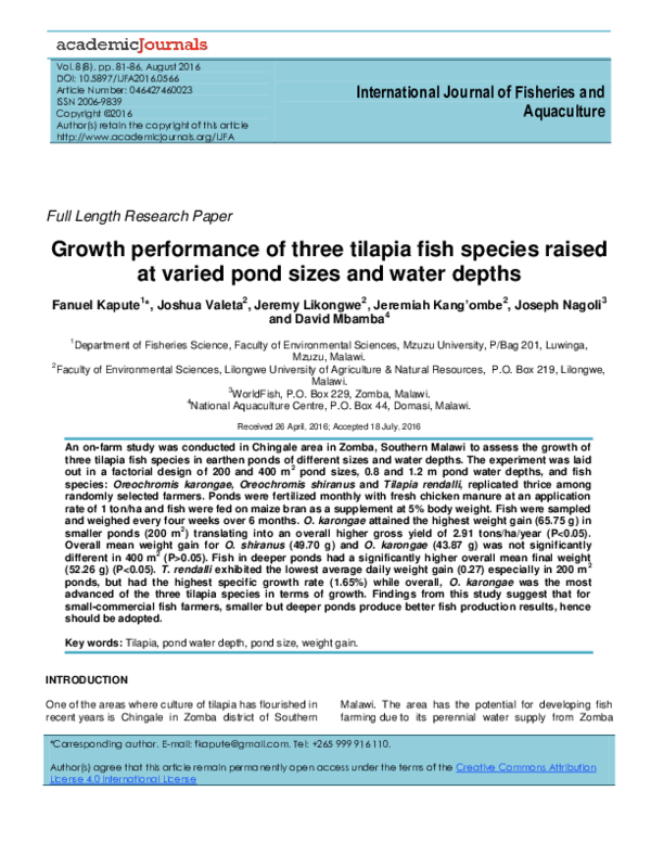 (PDF) Growth performance of three tilapia fish species raised at varied ...