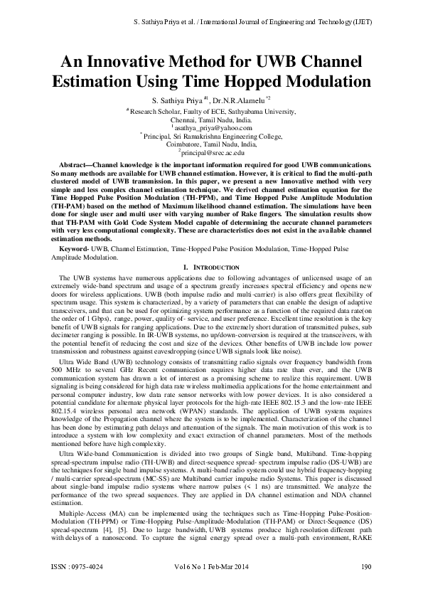 (PDF) An Innovative Method for UWB Channel Estimation Using Time Hopped Modulation