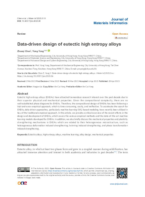 (PDF) Data-driven design of eutectic high entropy alloys