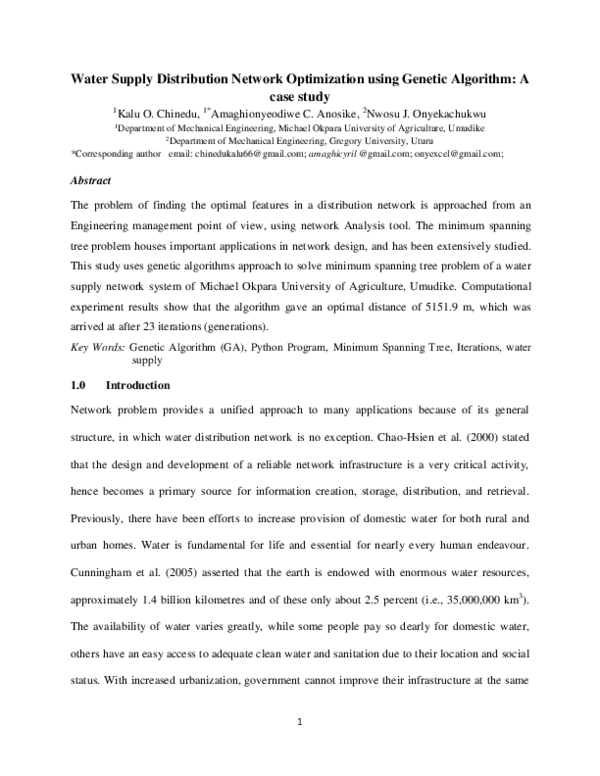 (PDF) Water Supply Distribution Network Optimization using Genetic Algorithm A case study ...