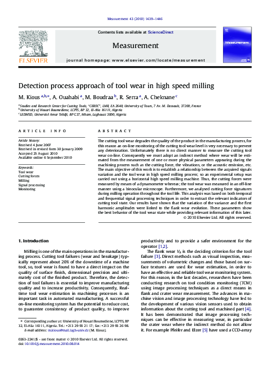 (PDF) Detection process approach of tool wear in high speed milling