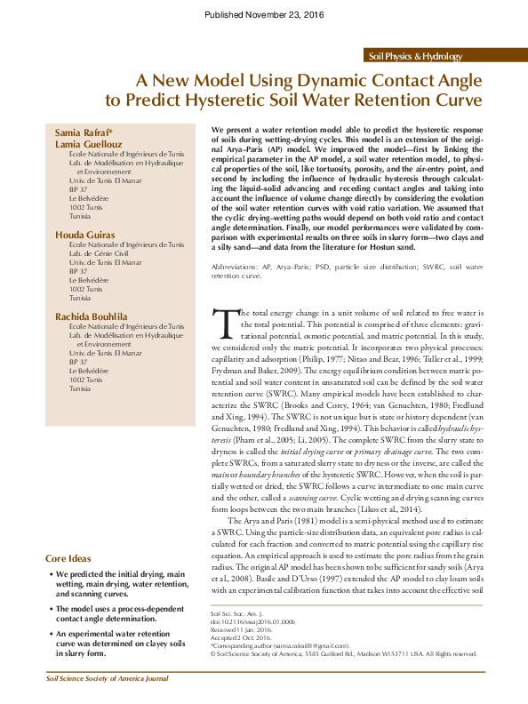 (PDF) A New Model Using Dynamic Contact Angle to Predict Hysteretic Soil Water Retention Curve