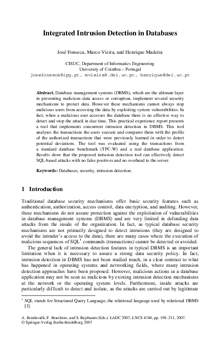 (PDF) Integrated Intrusion Detection in Databases