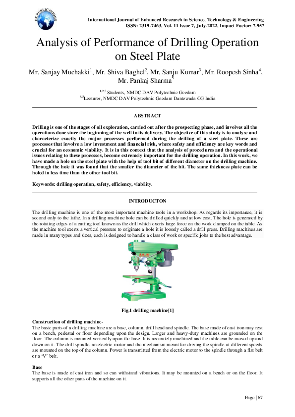 (PDF) Analysis of Performance of Drilling Operation on Steel Plate