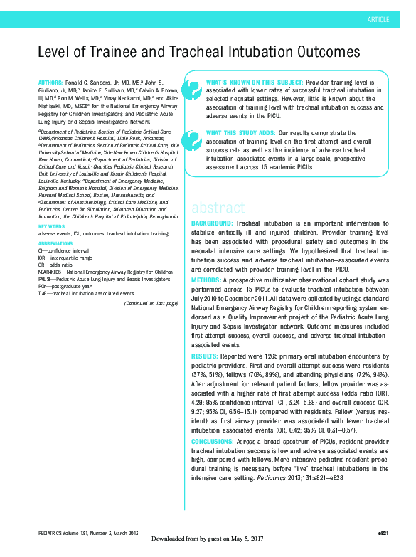 (PDF) Level of Trainee and Tracheal Intubation Outcomes