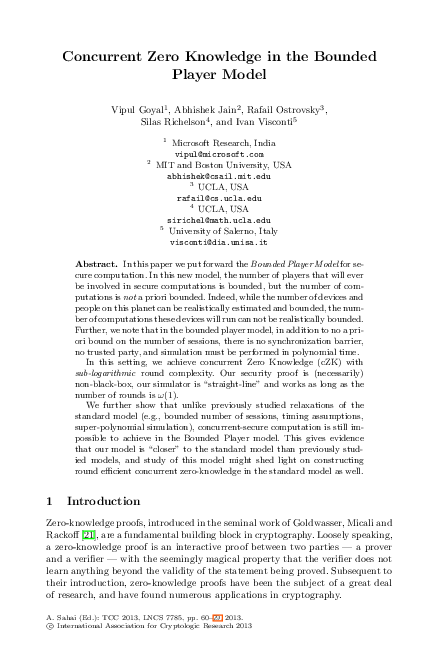 (PDF) Concurrent Zero Knowledge in the Bounded Player Model