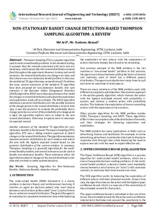 (PDF) NON-STATIONARY BANDIT CHANGE DETECTION-BASED THOMPSON SAMPLING ALGORITHM: A REVIEW