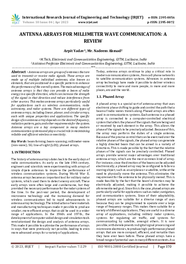 (PDF) ANTENNA ARRAYS FOR MILLIMETER WAVE COMMUNICATION: A REVIEW