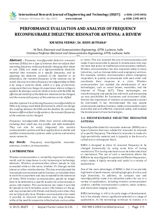 Pdf Performance Evaluation And Analysis Of Frequency Reconfigurable Dielectric Resonator