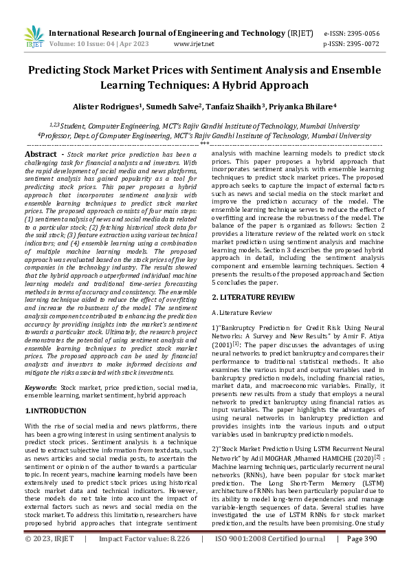 (PDF) Predicting Stock Market Prices with Sentiment Analysis and Ensemble Learning Techniques: A ...