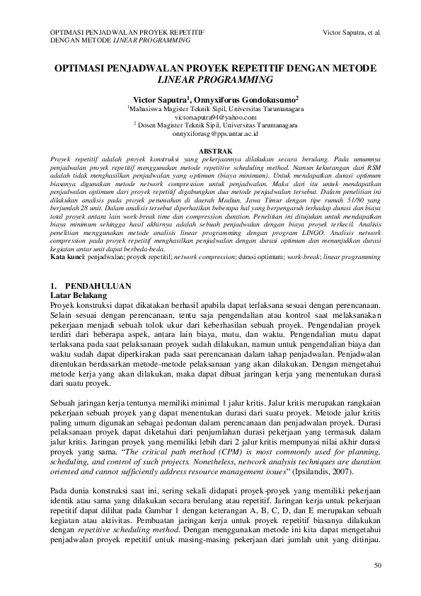 (PDF) Optimasi Penjadwalan Proyek Repetitif dengan Metode Linear Programming