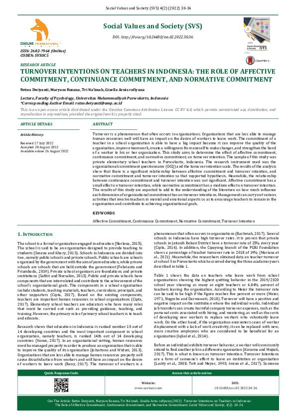 Pdf Turnover Intentions On Teachers In Indonesia The Role Of Affective Commitment