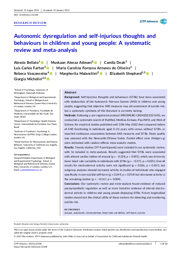(PDF) Autonomic dysregulation and self-injurious thoughts and behaviours in children and young ...