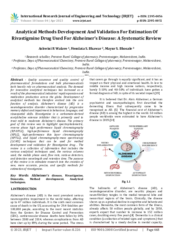 Pdf Analytical Methods Development And Validation For Estimation Of Rivastigmine Drug Used For