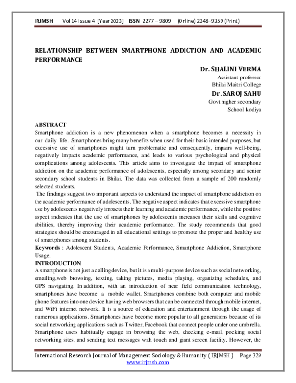 (PDF) RELATIONSHIP BETWEEN SMARTPHONE ADDICTION AND ACADEMIC PERFORMANCE