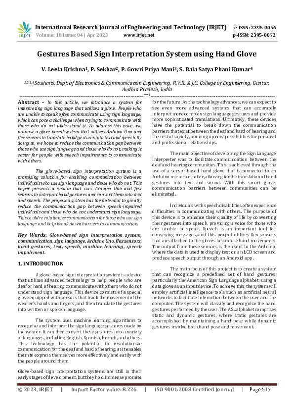 (PDF) Gestures Based Sign Interpretation System using Hand Glove