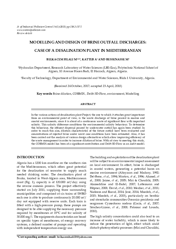 (PDF) Modelling and Design of Brine Outfall Discharges:Case of a ...