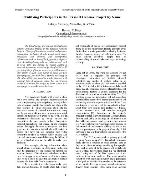 (PDF) Identifying Participants in the Personal Genome Project by Name