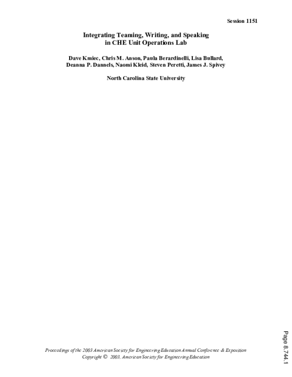 (PDF) Integrating Teaming, Writing, And Speaking In Che Unit Operations Lab