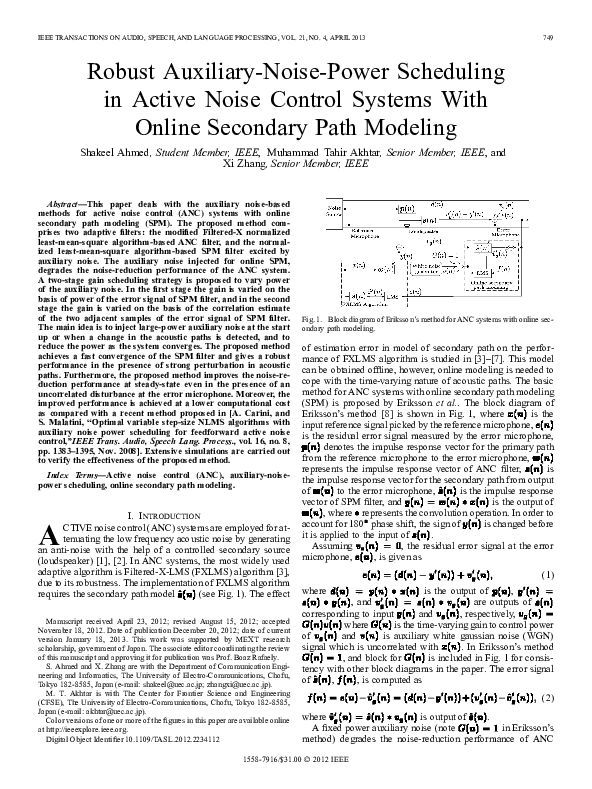 Pdf Robust Auxiliary Noise Power Scheduling In Active Noise Control Systems With Online