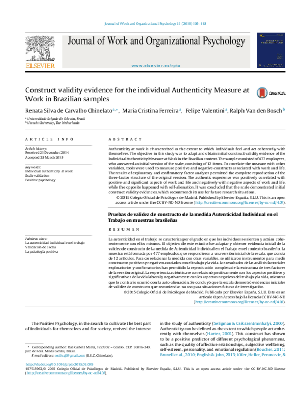 (PDF) Construct validity evidence for the individual Authenticity Measure at Work in Brazilian ...