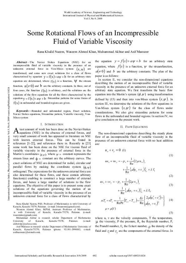 Pdf Some Rotational Flows Of An Incompressible Fluid Of Variable