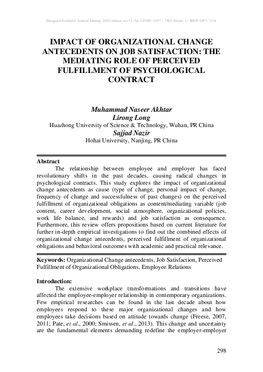 (PDF) Impact of Organizational Change Antecedents on Job Satisfaction: The Mediating Role of ...