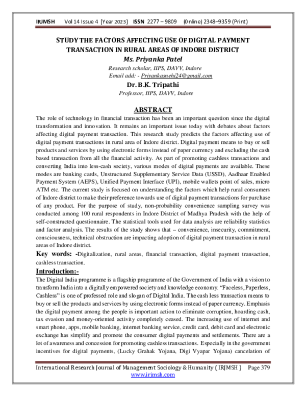 (PDF) STUDY THE FACTORS AFFECTING USE OF DIGITAL PAYMENT TRANSACTION IN ...