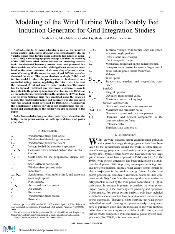 Pdf Modeling Of The Wind Turbine With A Doubly Fed Induction Generator For Grid Integration