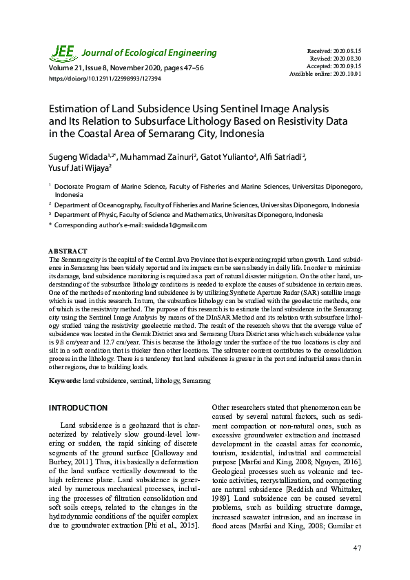 Pdf Estimation Of Land Subsidence Using Sentinel Image Analysis And Its Relation To Subsurface