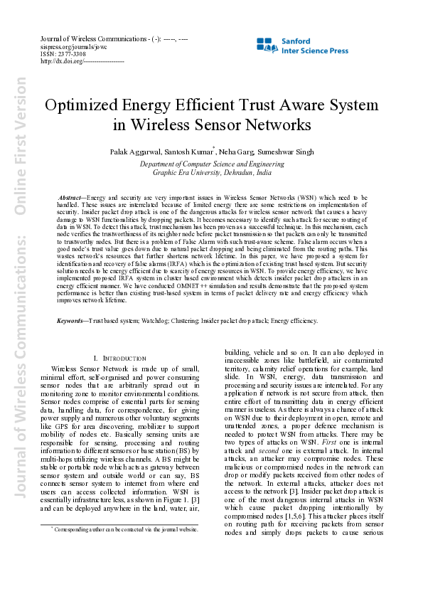 (PDF) Optimized Energy Efficient Trust Aware System in Wireless Sensor Networks