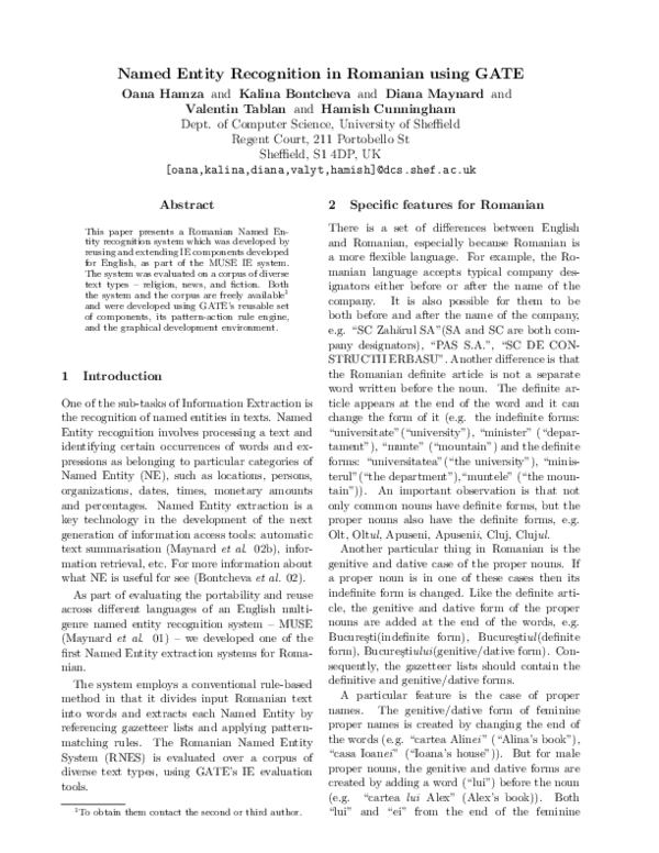 (PDF) Named Entity Recognition in Romanian using GATE