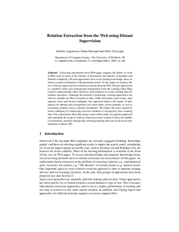 (PDF) Relation Extraction from the Web Using Distant Supervision