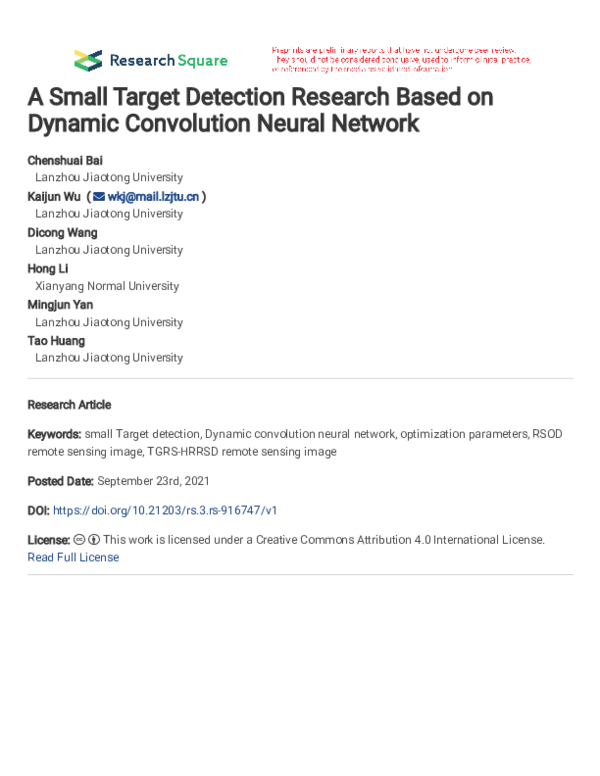 (PDF) A Small Target Detection Research Based on Dynamic Convolution Neural Network