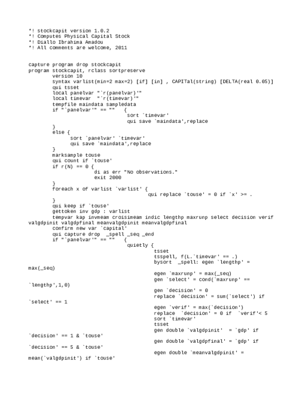STOCKCAPIT: Stata module to calculate physical capital stock by the perpetual-inventory method