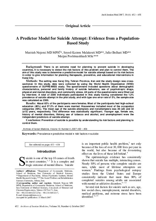 (PDF) A predictor model for suicide attempt: evidence from a population ...