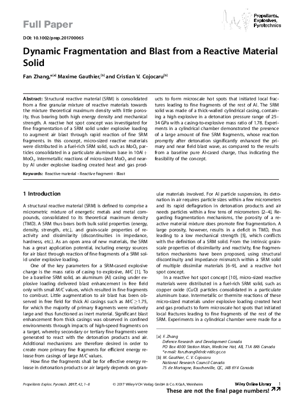 (PDF) Dynamic Fragmentation and Blast from a Reactive Material Solid
