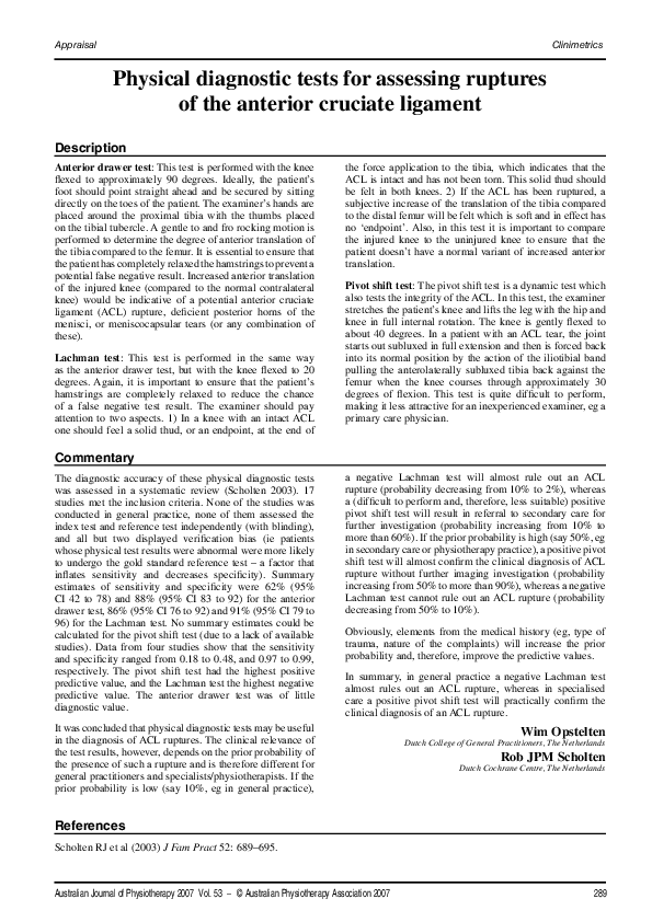 (PDF) Physical diagnostic tests for assessing ruptures of the anterior ... (PDF) Physical diagnostic tests for assessing ruptures of the anterior ...