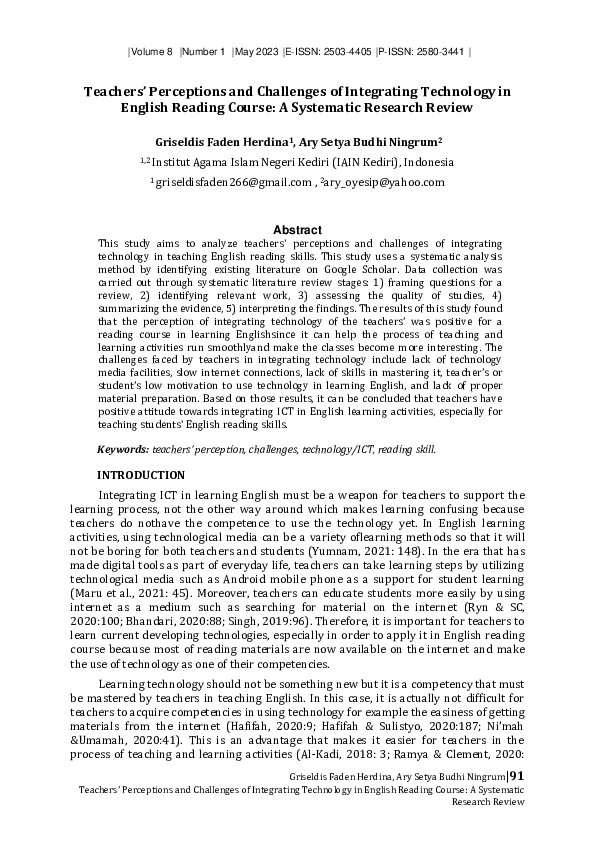 (PDF) Teachers’ Perceptions and Challenges in Integrating Technology in English Reading Course ...