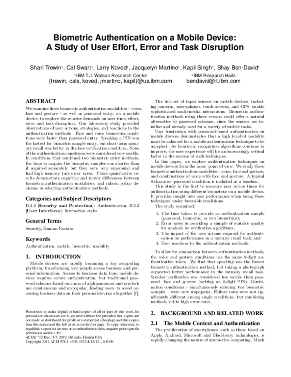 Pdf Biometric Authentication On A Mobile Device