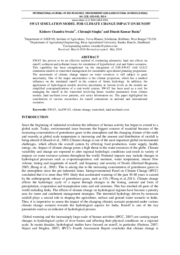(PDF) Swat Simulation Model for Climate Change Impact on Runoff