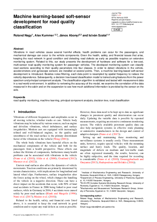 (PDF) Machine learning-based soft-sensor development for road quality classification