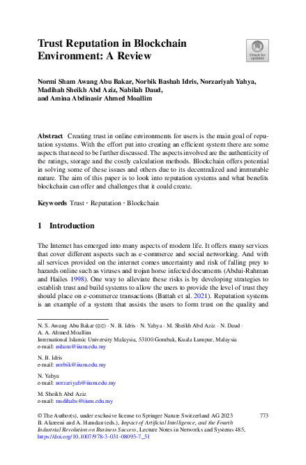 (PDF) Trust Reputation in Blockchain Environment: A Review