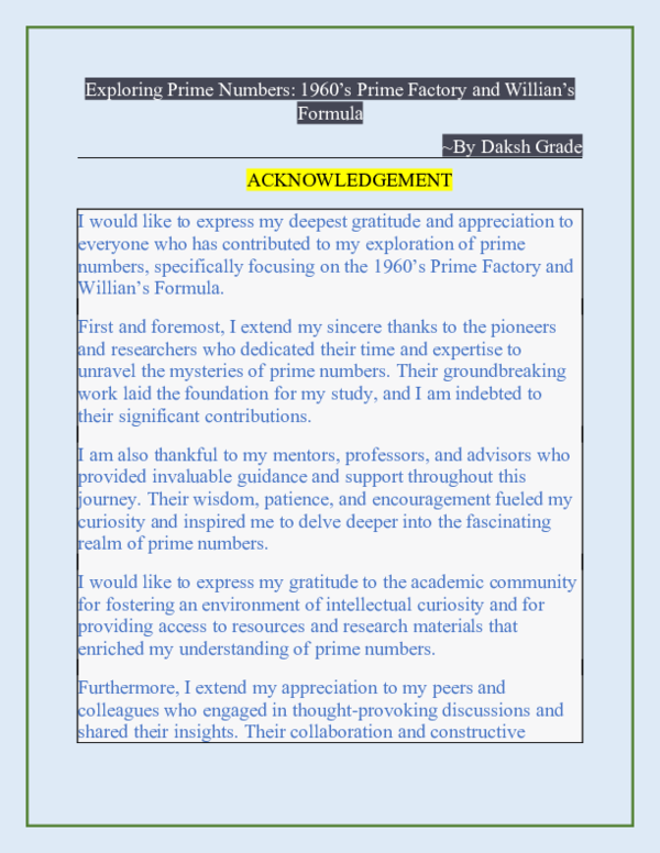 (DOC) Exploring Prime Numbers 1960’s Prime Factory and Willian’s Formula