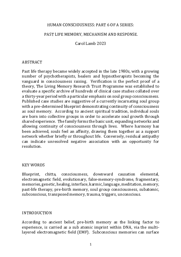 (PDF) HUMAN CONSCIOUSNESS: PART 6 OF A SERIES: PAST LIFE MEMORY ...