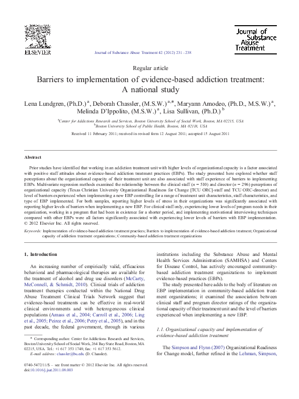 (PDF) Barriers to implementation of evidence-based addiction treatment ...