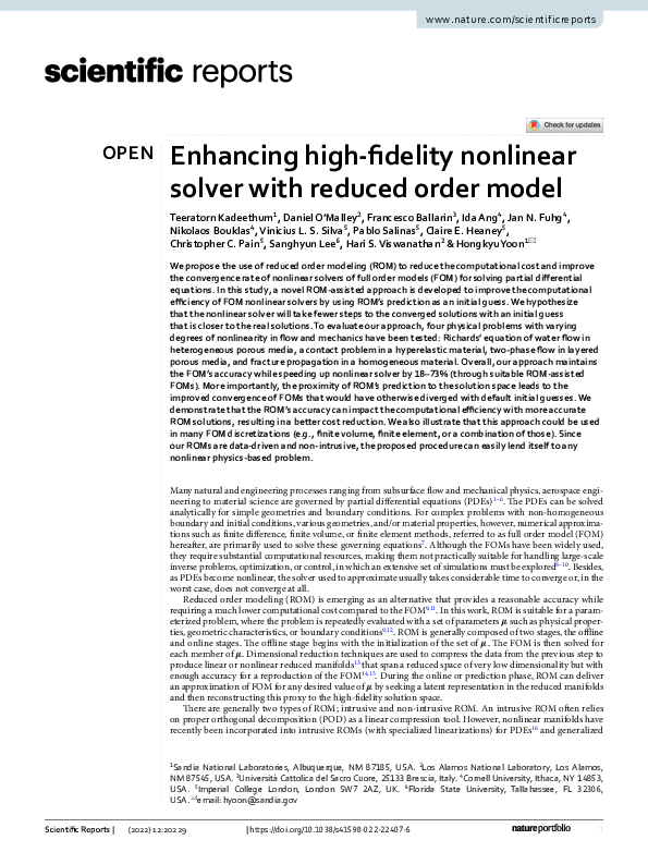 Pdf Enhancing High Fidelity Nonlinear Solver With Reduced Order Model