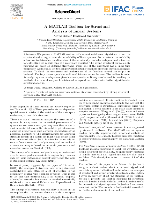 Pdf A Matlab Toolbox For Structural Analysis Of Linear Systems